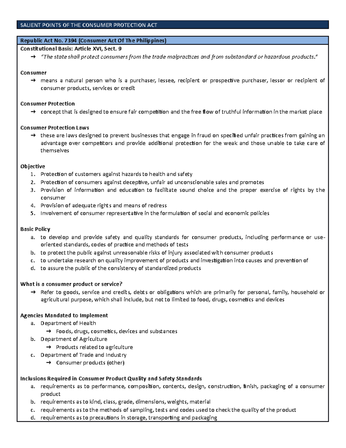 Consumer Protection Act (RA 7394) Study Notes and Key Points - Studocu