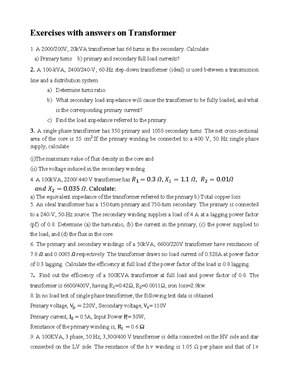 Transformer Quiz: Key Q&A Exercises on Electrical Transformers - Studocu