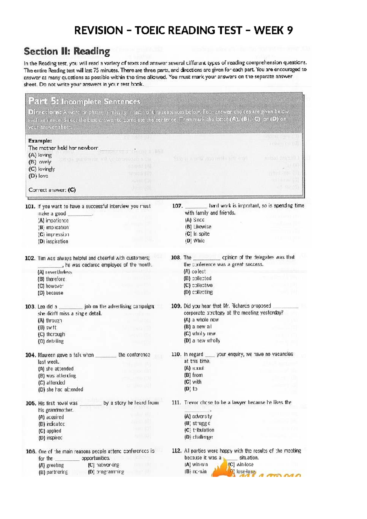 TC2 WEEK9 Session 2 Handout BINH - English - REVISION – TOEIC READING ...
