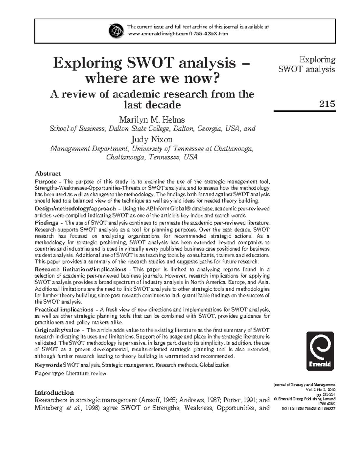 SWOT Analysis Literature Review: Insights & Developments (BUS 101 ...