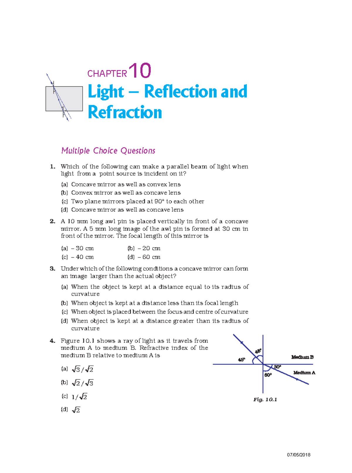 10. Light - Refleciton and Refraction - Multiple Choice Questions Which ...