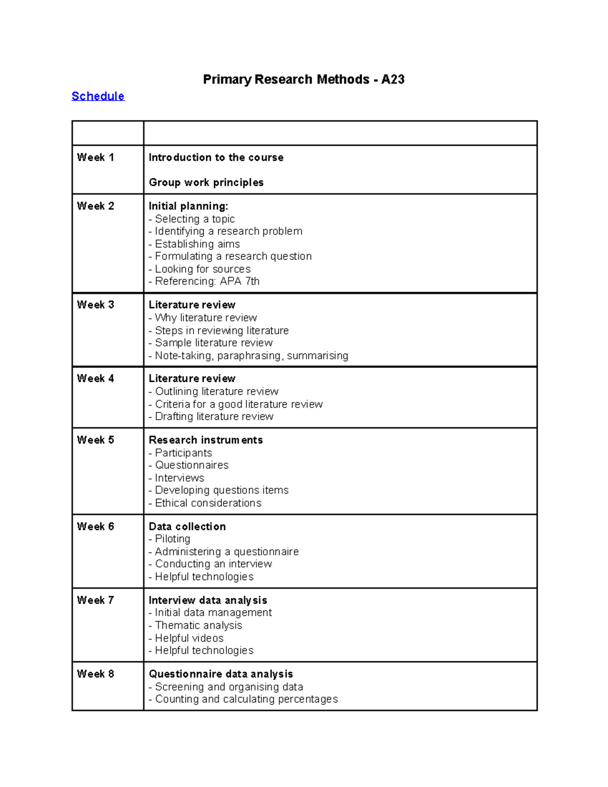 Primary Research Methods A23: Week-by-Week Course Overview - Studocu