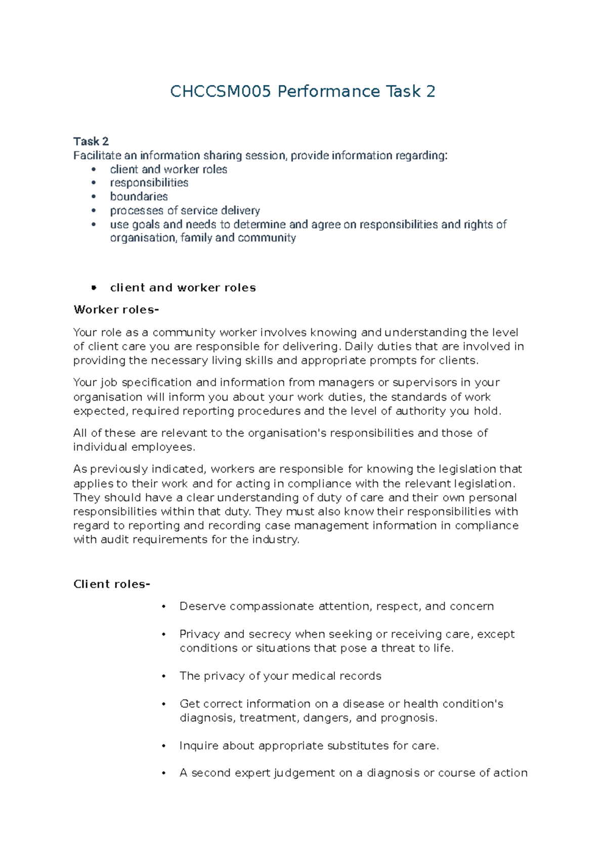 CHCCSM005 Performance Task 2: Client and Worker Responsibilities - Studocu