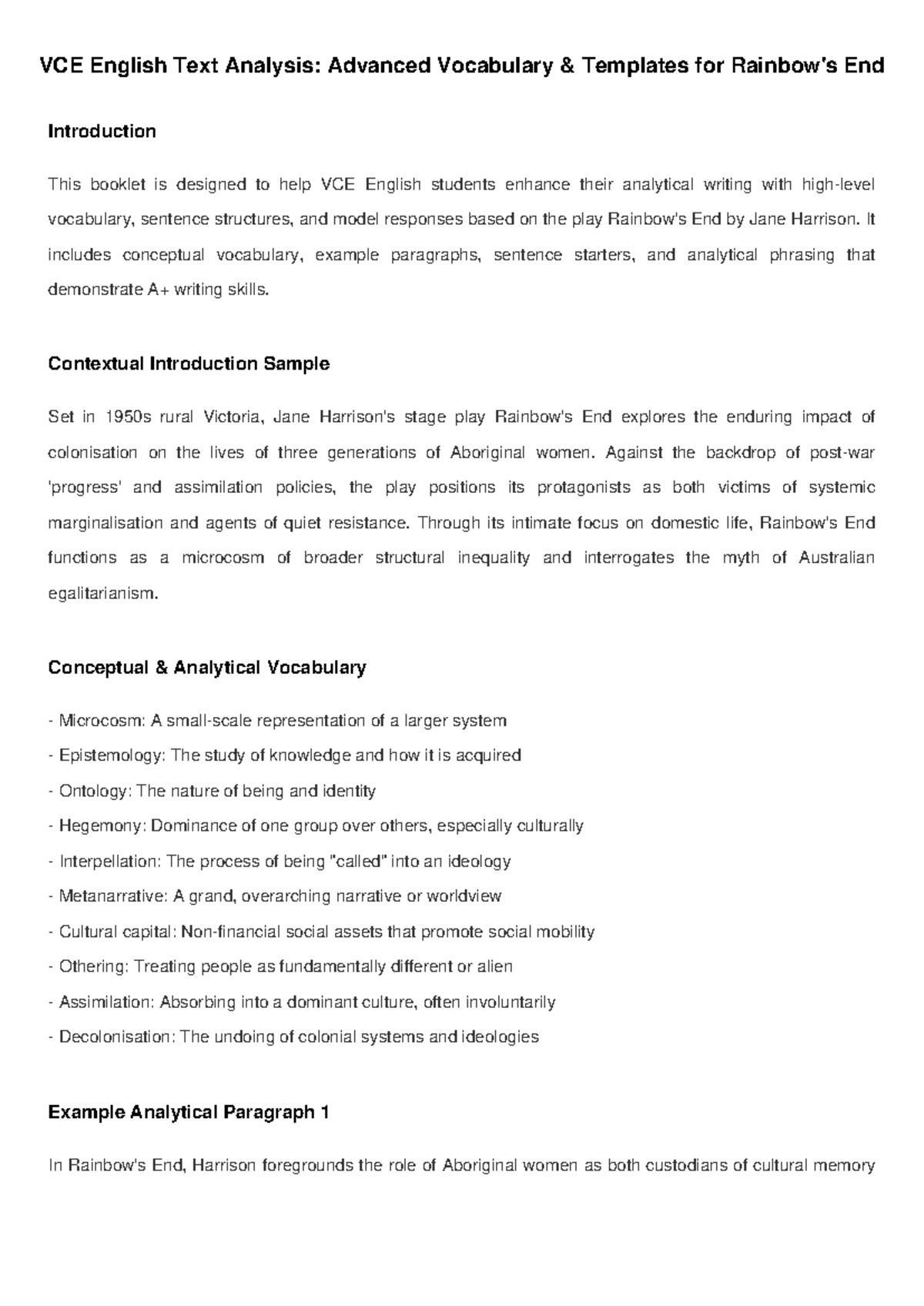 VCE English Text Analysis: Advanced Vocabulary for "Rainbows End" - Studocu