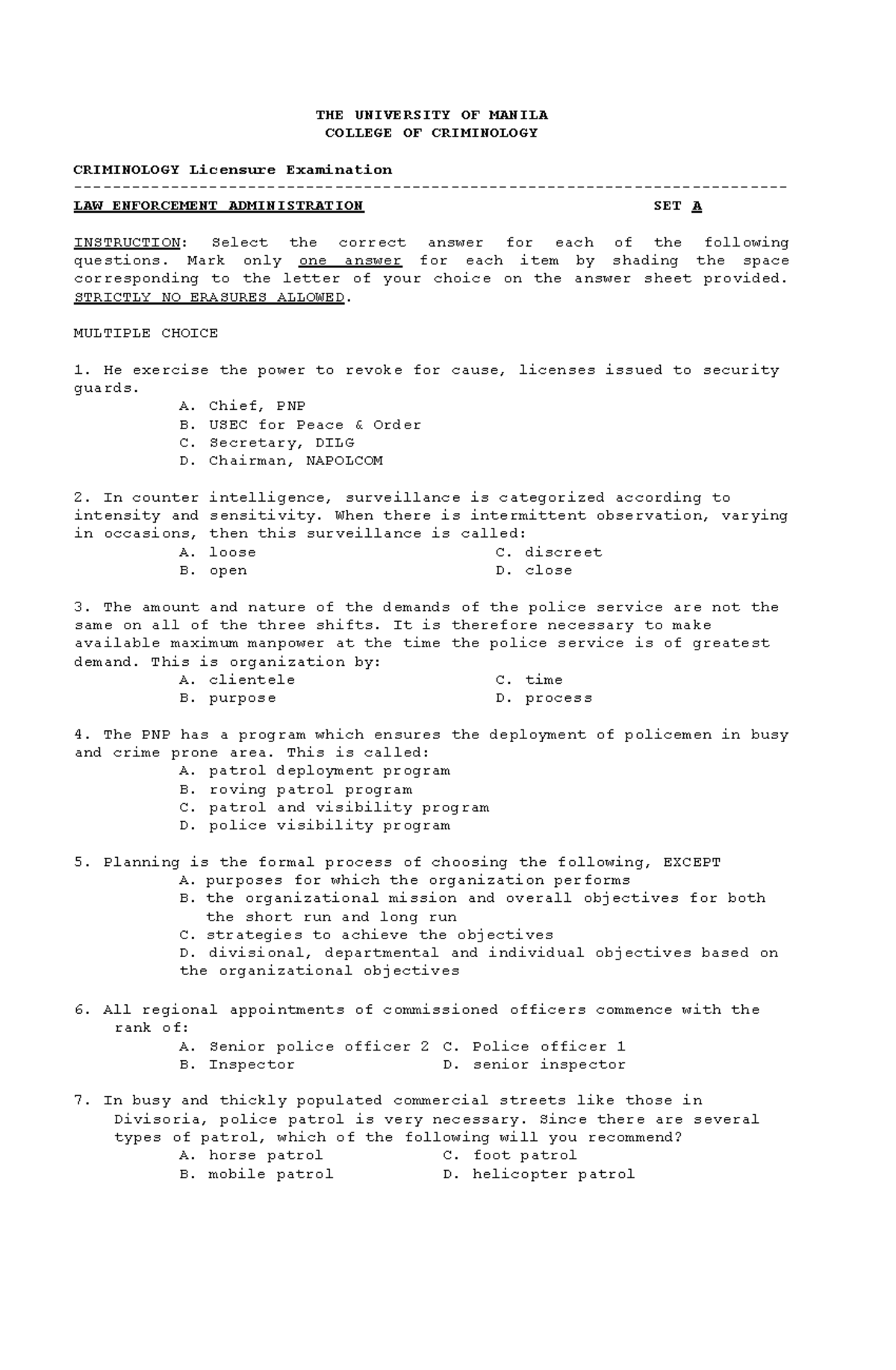Board Questions for LEA - Law Enforcement Administration Exam - Studocu