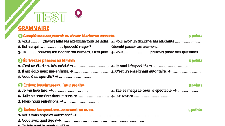 TEST GRAMMAIRE 1 : Exercices sur pouvoir et devoir - Studeersnel