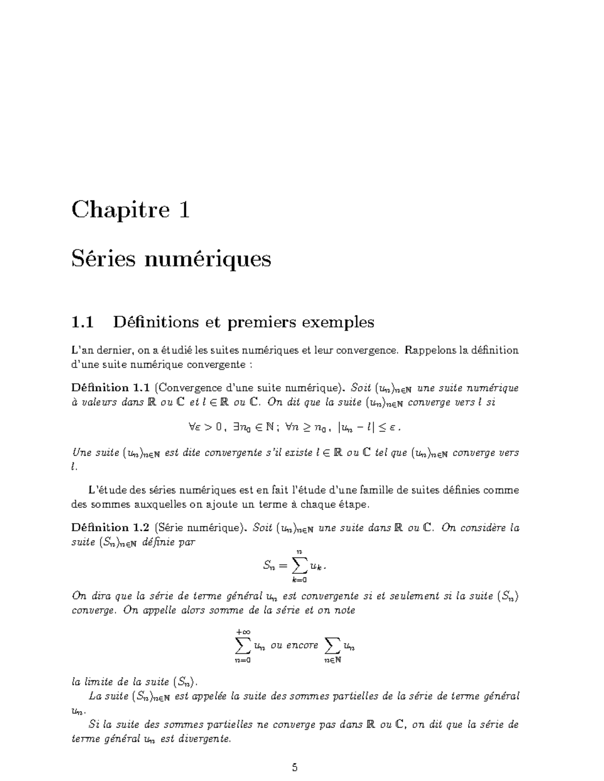 Ch1 Séries Numériques : Définitions et Exemples en Analyse - Studocu