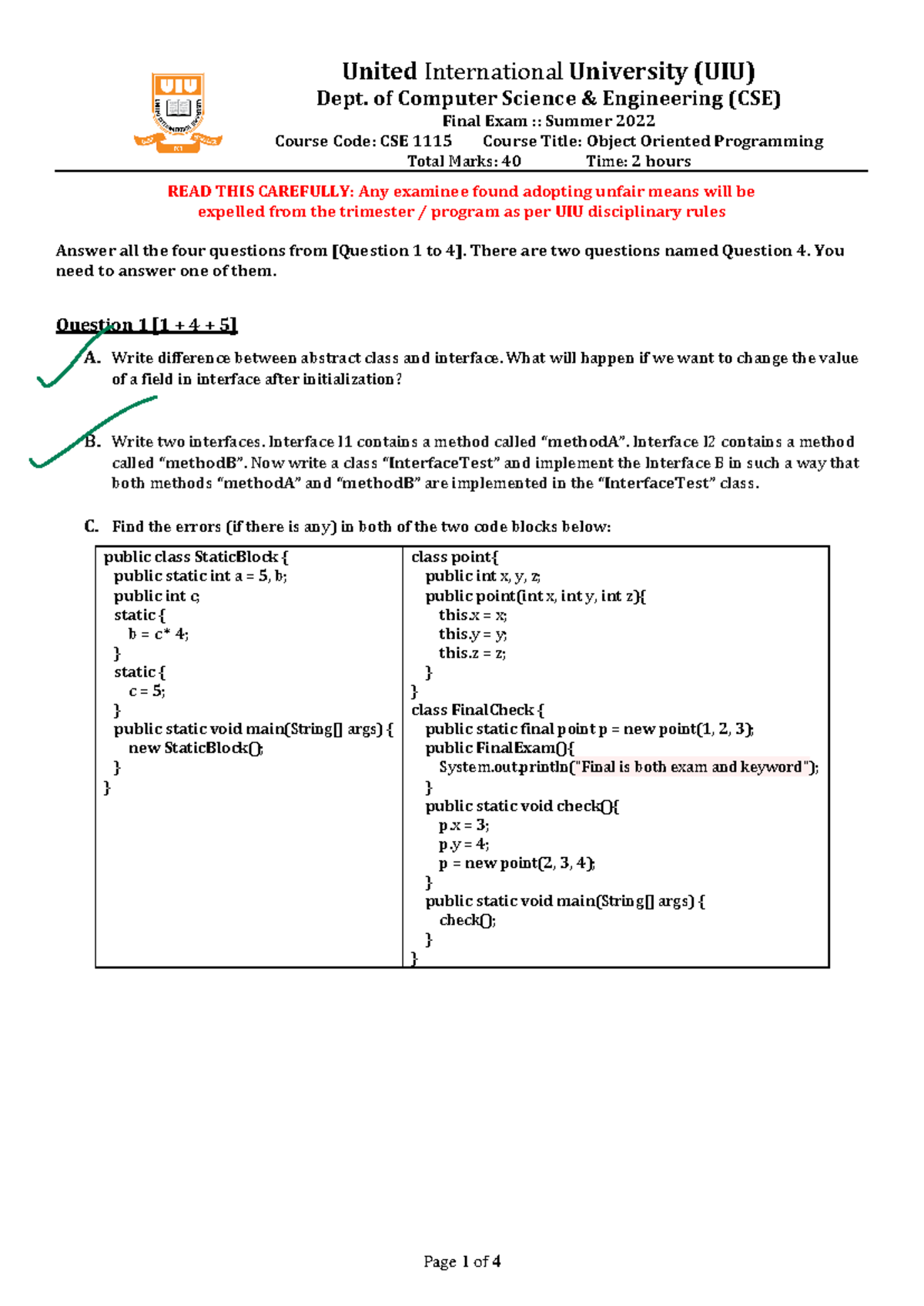Final Exam Questions CSE 1115: Object Oriented Programming Summer 2022 ...