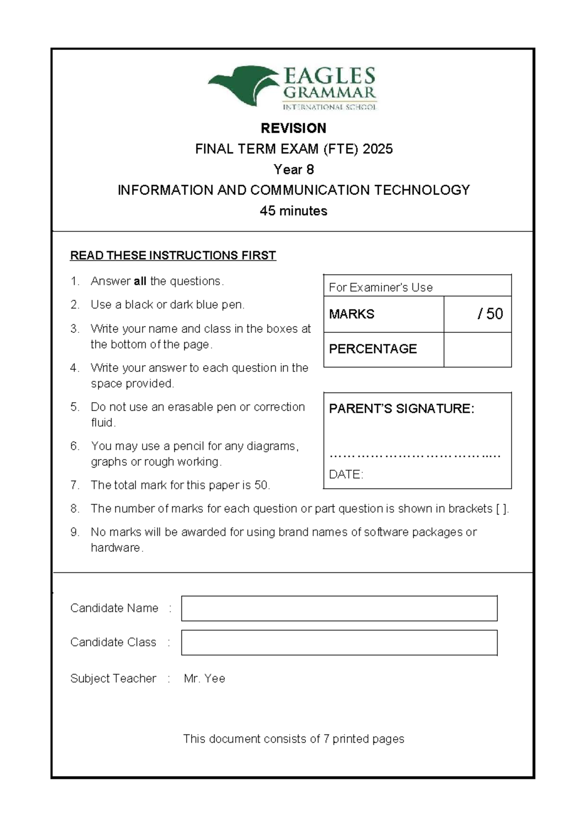 Revision Questions Paper - FTE 2025 ICT Year 8 Final Exam - Studocu