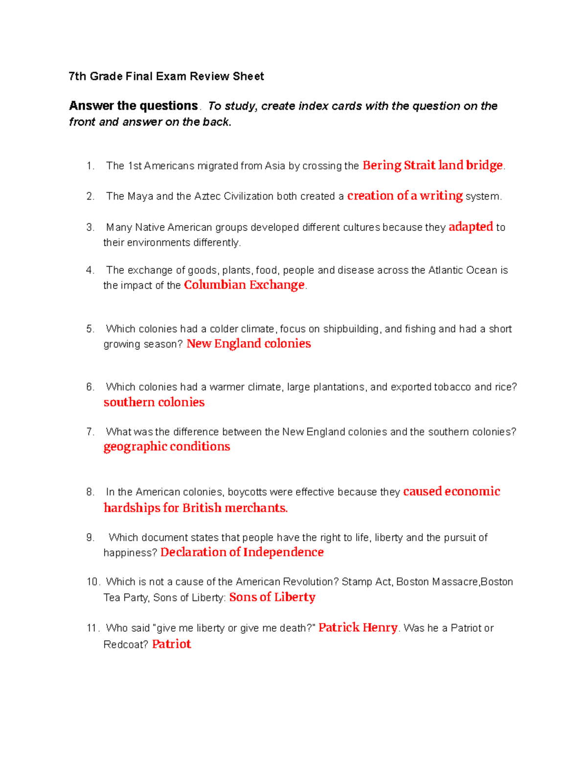 7th Grade US History Final Exam Review Sheet Study Guide - Studocu