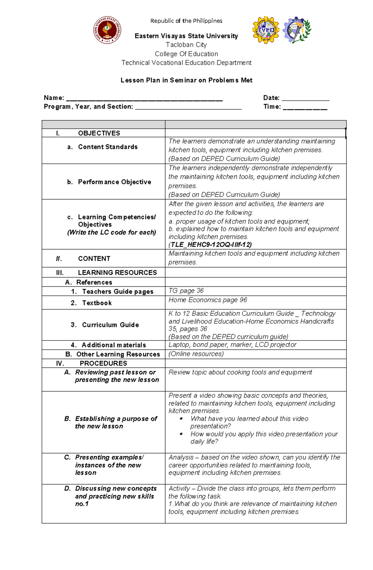 Lesson Plan Format New - Republic of the Philippines Eastern Visayas ...