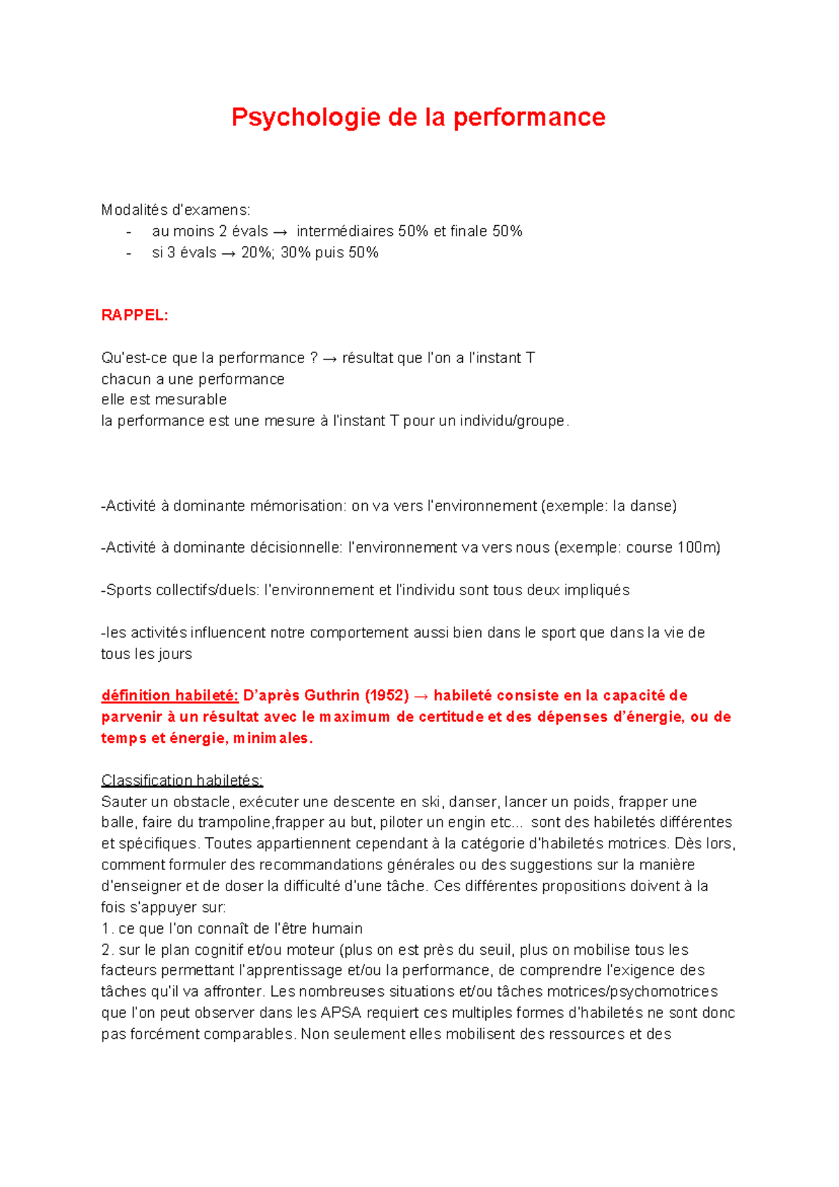 Psychologie de la Performance - Cours 1: Évaluations et Habiletés - Studocu