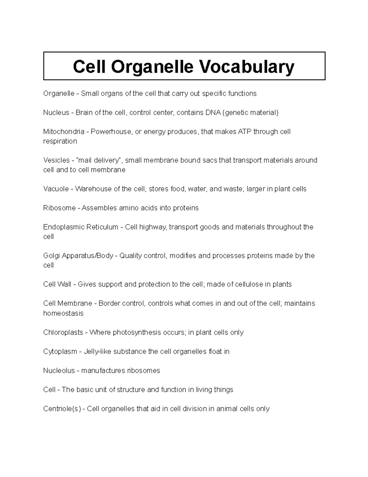 Cell Organelle Vocabulary List - Studocu