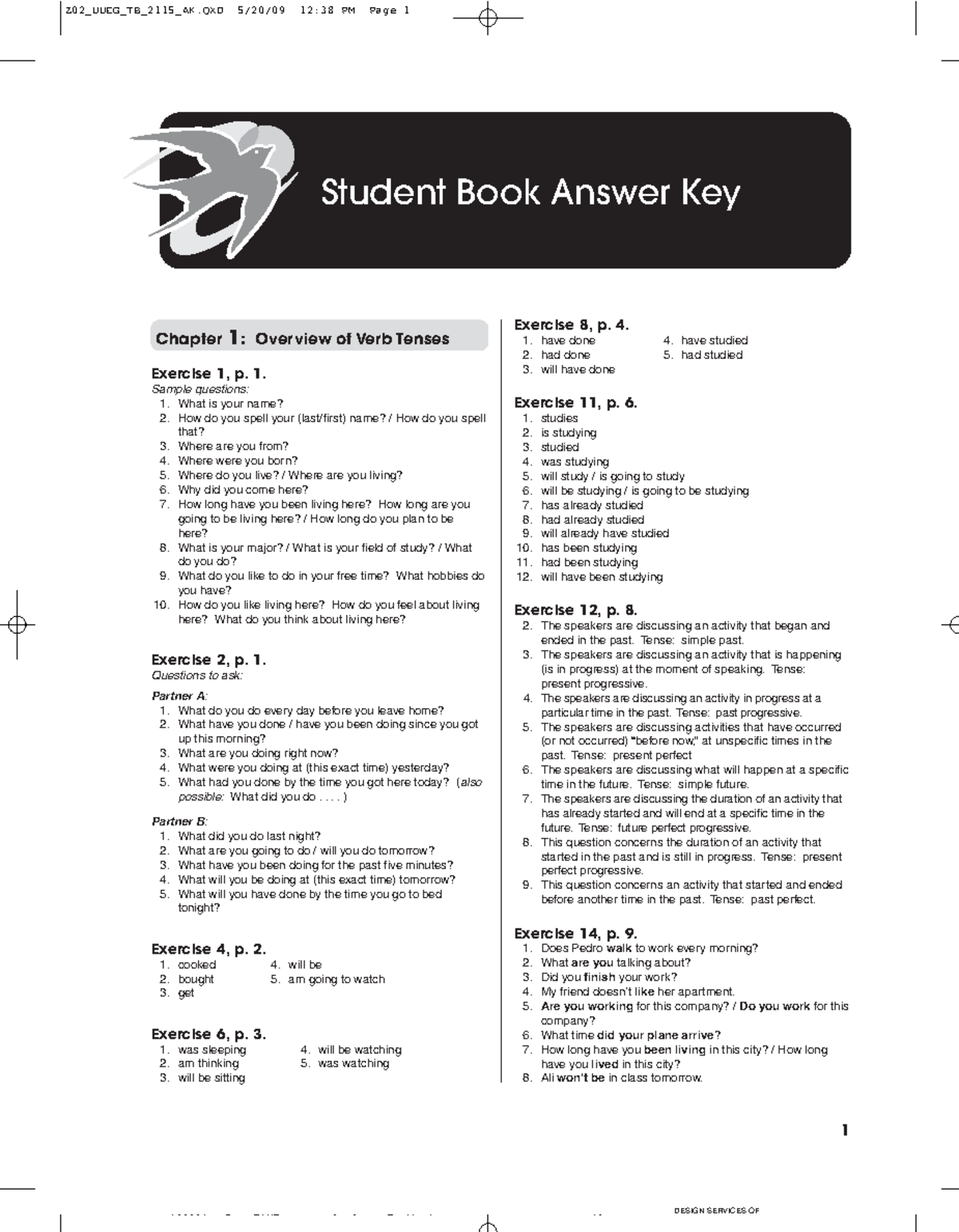 UUEG04 TG Answer Key for Verb Tenses Overview - Chapter 1 - Studocu
