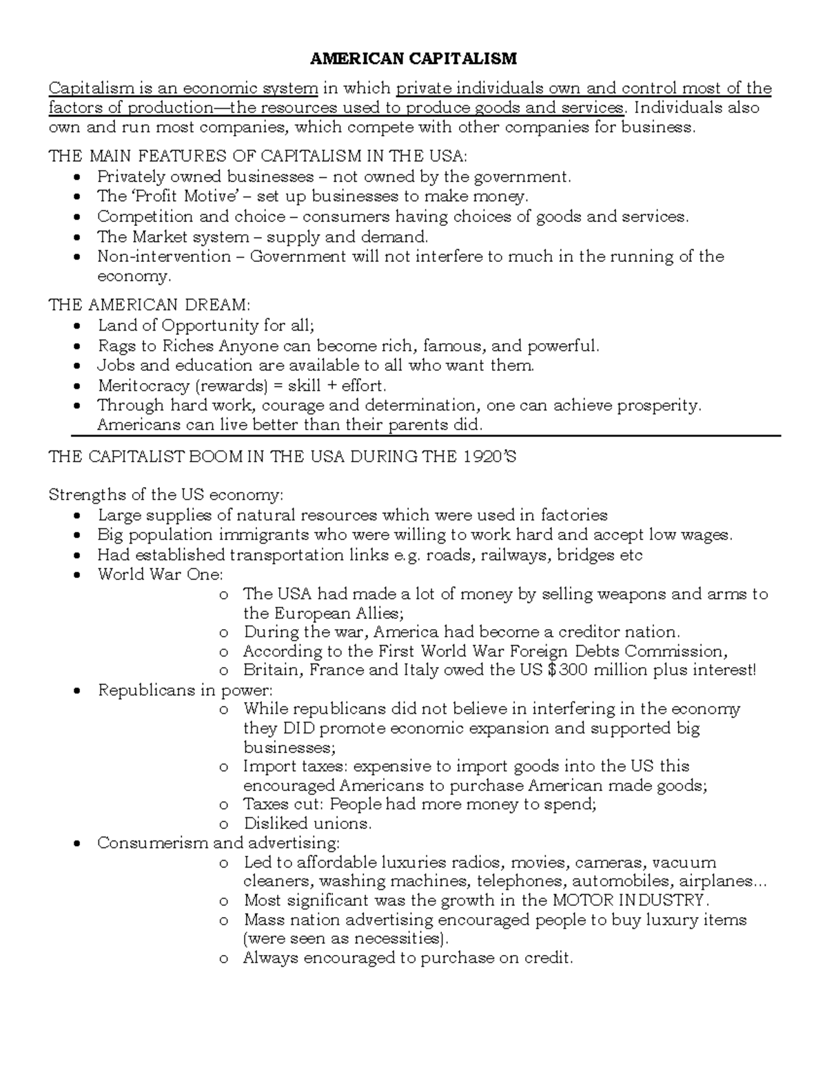 Gr 11 American Capitalism: Features, Boom, and the New Deal - Studocu