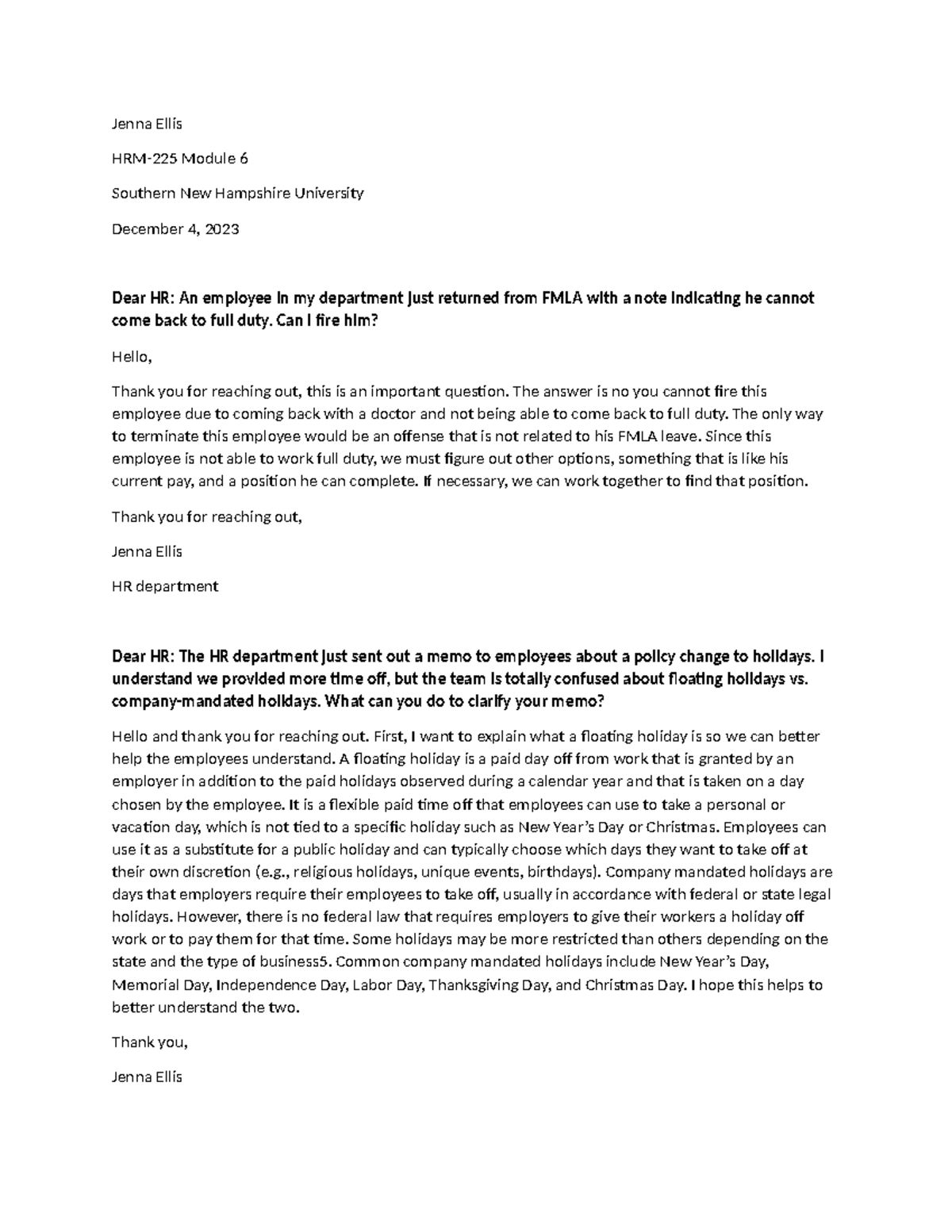 HRM 225 Module 6 - HR Inbox Responses on FMLA and Holiday Policies ...