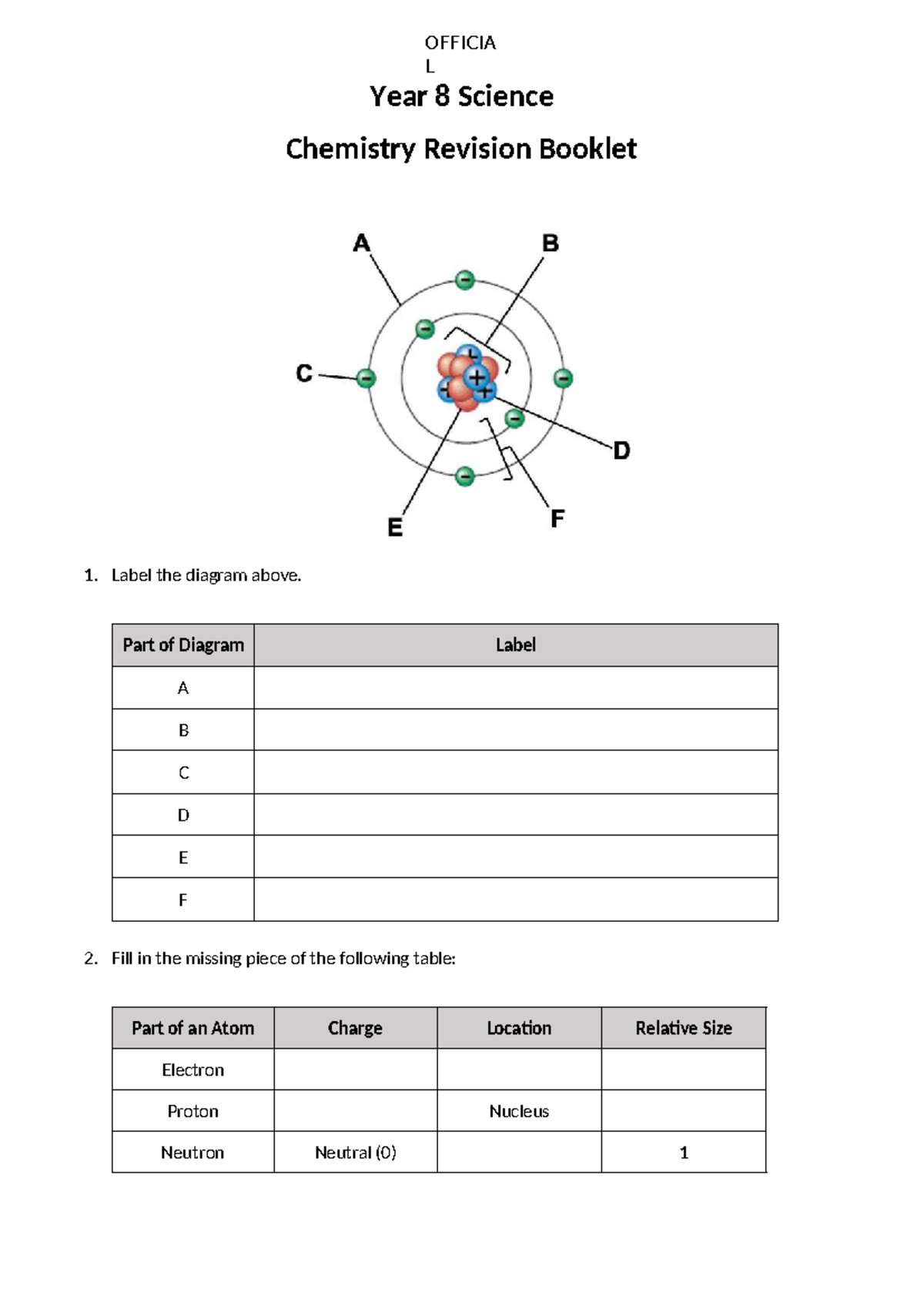 Year 8 Science Chemistry Revision Booklet: Key Concepts & Exercises ...