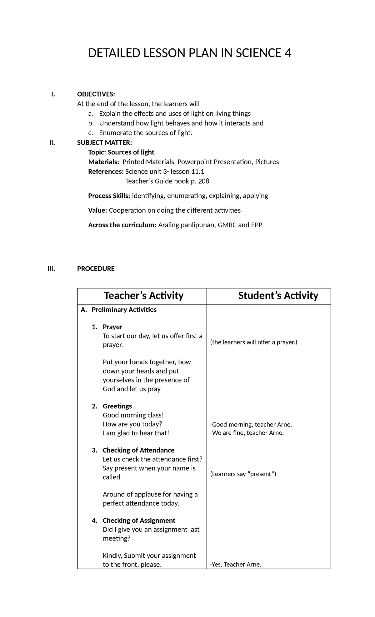 Detailed lesson plan on sources of light for Science 4 - Studocu