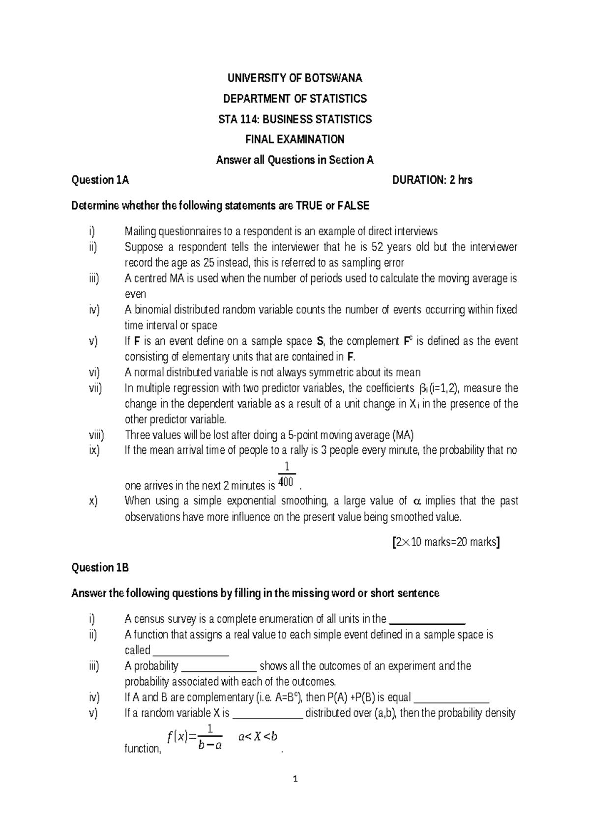 STA 114: Business Statistics Final Exam Questions and Answers - Studocu