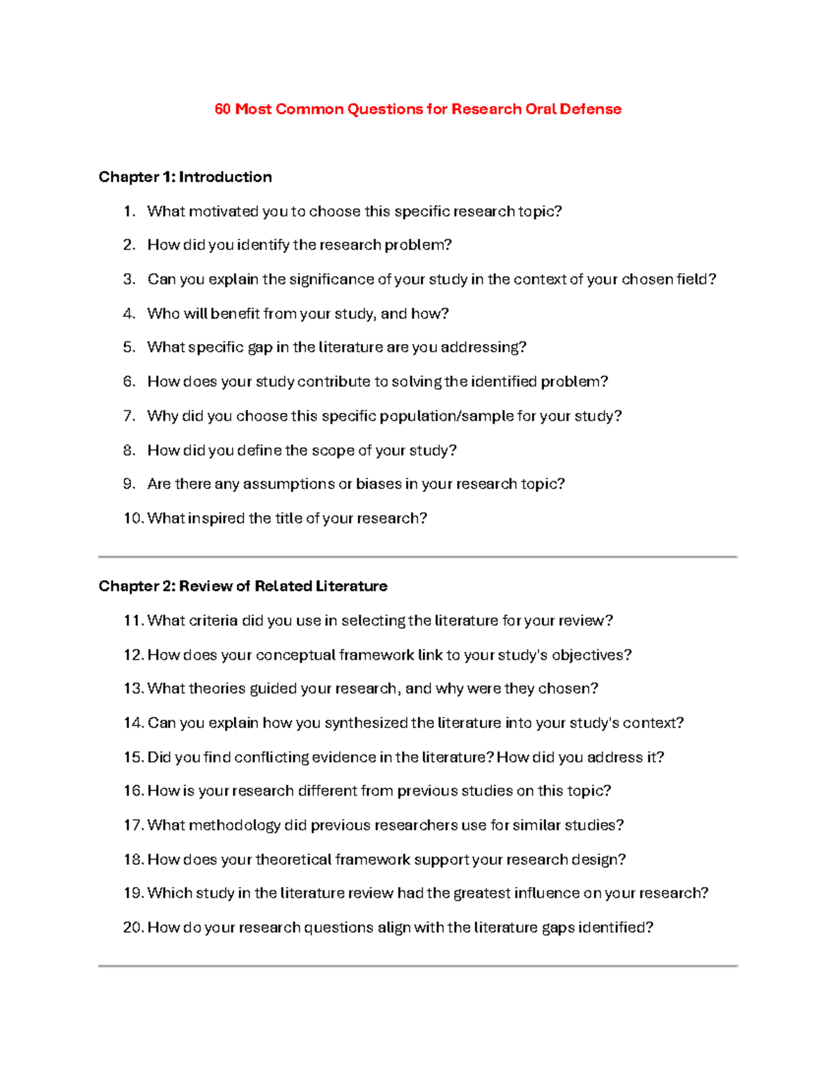 60 Common Questions for Research Oral Defense Preparation - Studocu