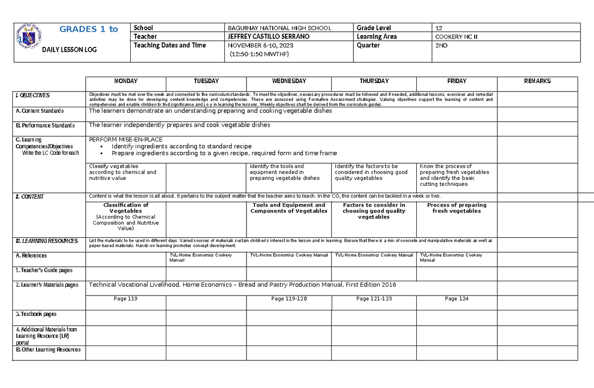 DLL Cookery 12 Q2 W2: Daily Lesson Log for Vegetable Preparation - Studocu