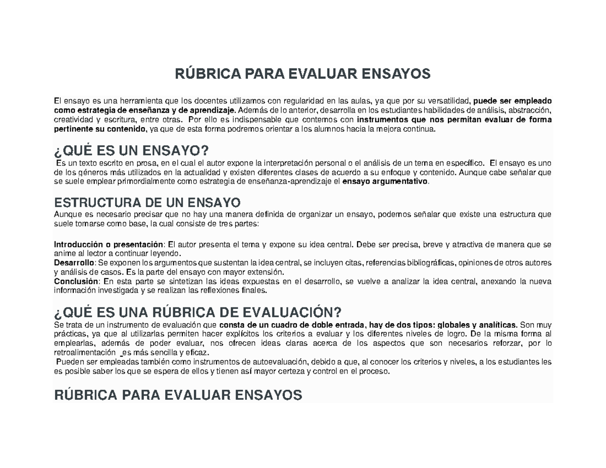 Rúbrica de Evaluación para Ensayos (Análisis y Argumentación) - Studocu