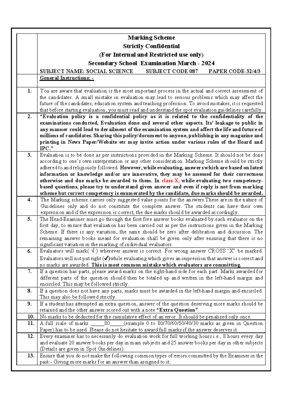 Marking Scheme for Social Science Exam (Subject Code 087) - March 2024 ...