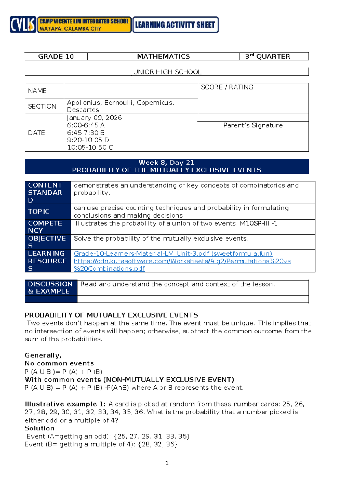 GRADE 10 MATHEMATICS Q3 DAY 21: Probability of Mutually Exclusive ...