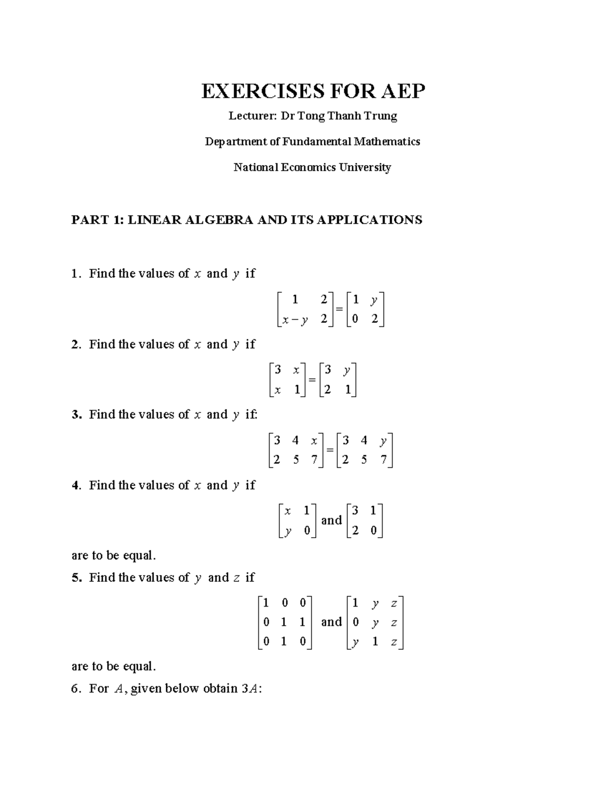 Exercises for AEP: Linear Algebra Applications and Solutions - Studocu