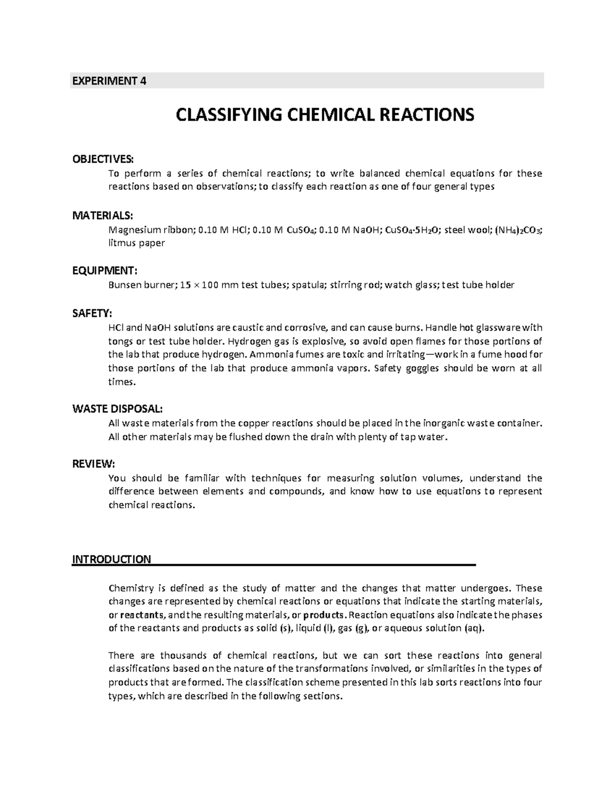 Lab 5: Chemical Reactions - Experiment 5 Report with Data & Summary - Studocu