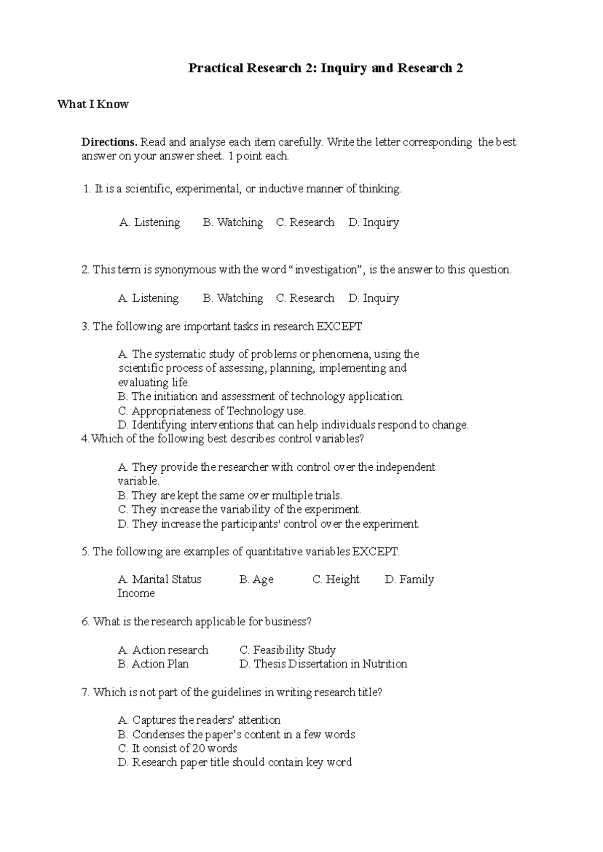 Practical Research 2: Inquiry and Research 2 Exam Preparation Guide ...