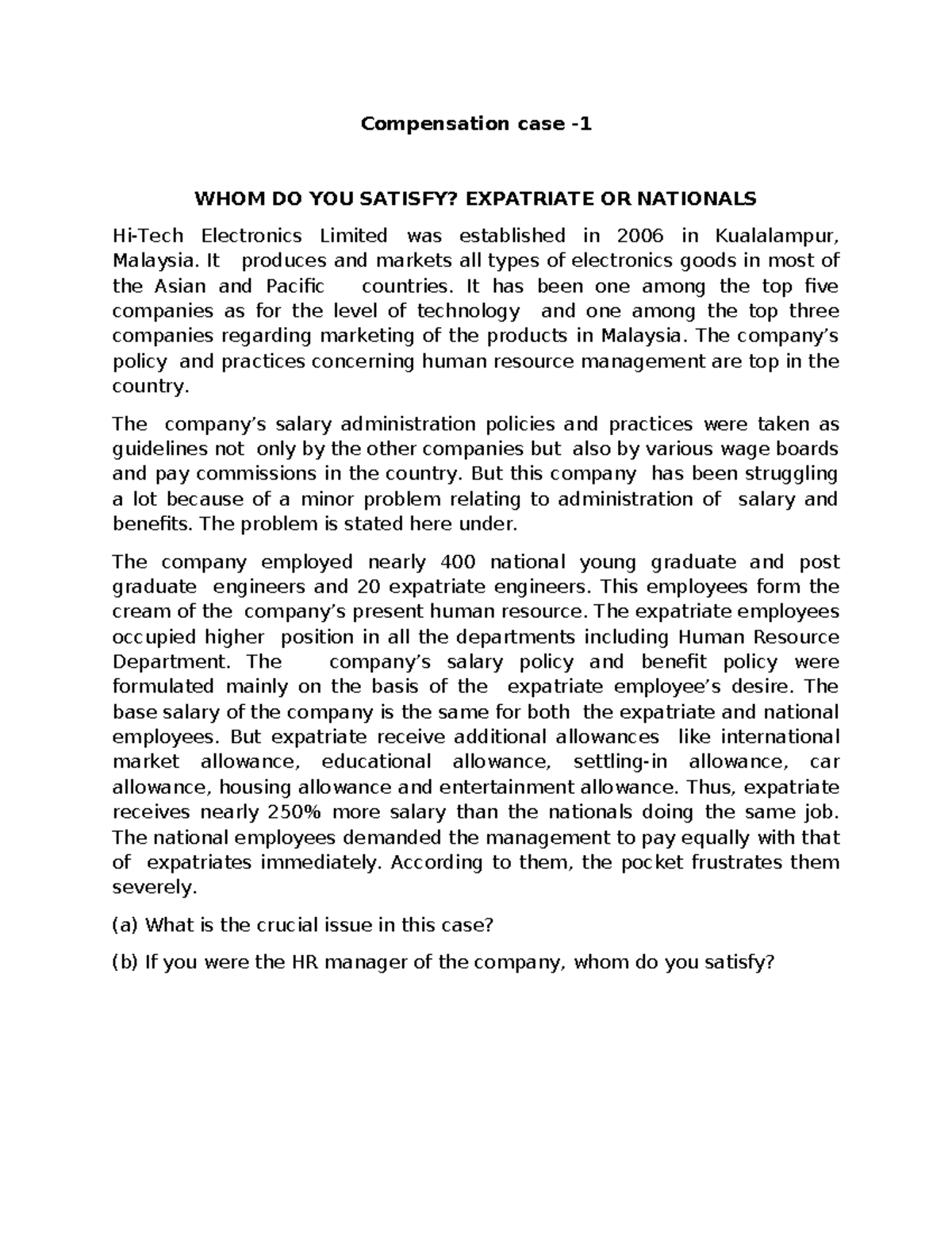 Compensation Case Study: Expatriate vs. National Employee Satisfaction ...