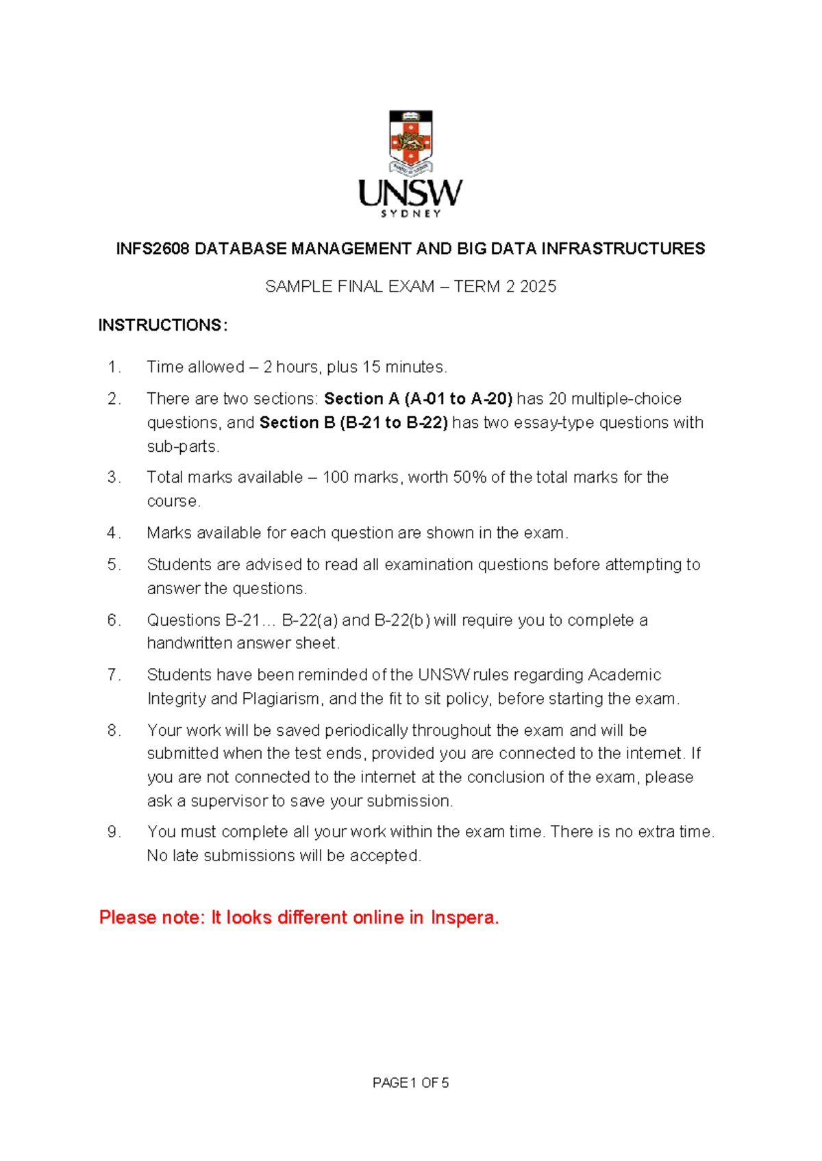 25T2 INFS2608 Database Management & Big Data Sample Final Exam - Studocu