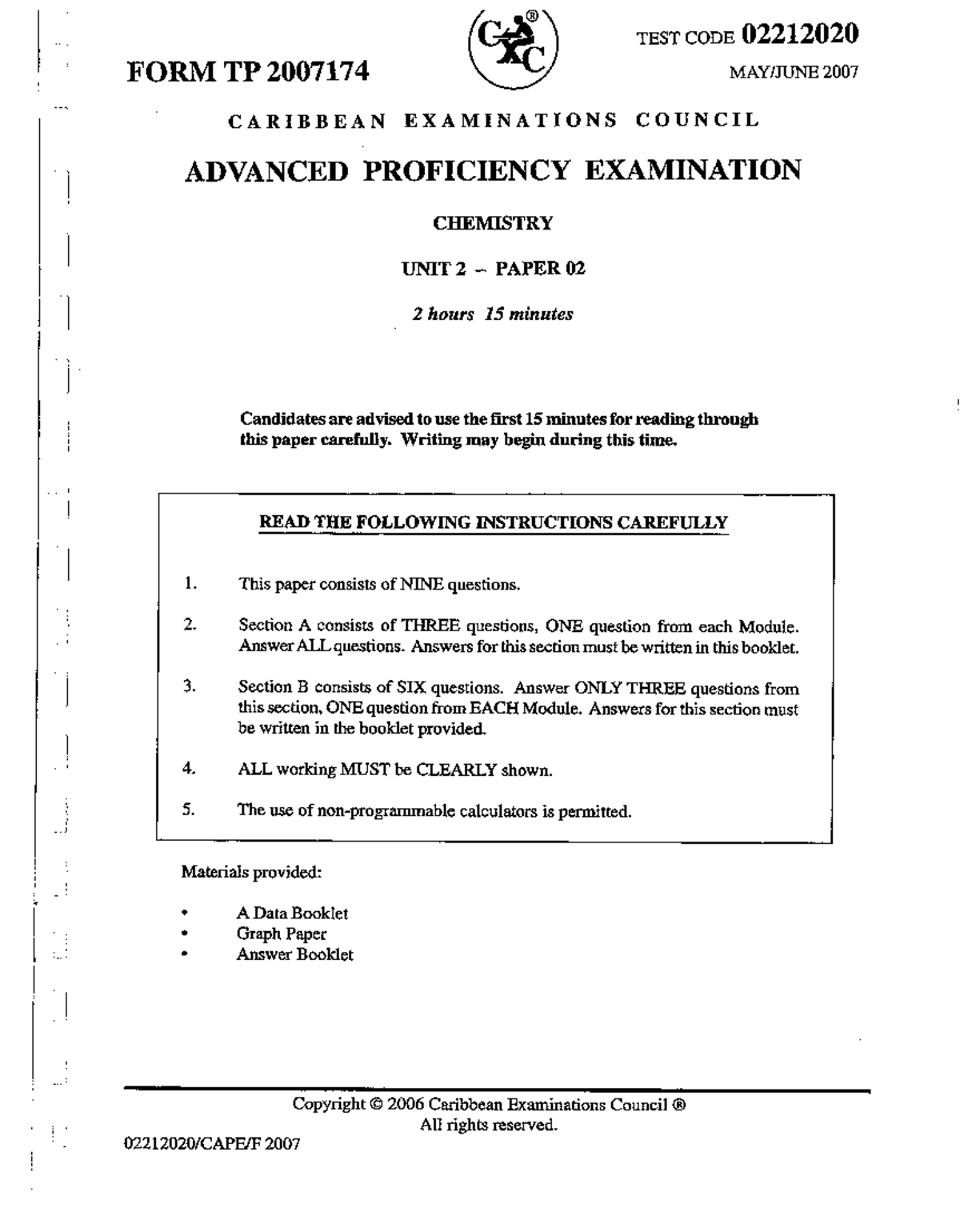CAPE Chemistry Unit 2 Paper 2007 Examination Guide - Studocu