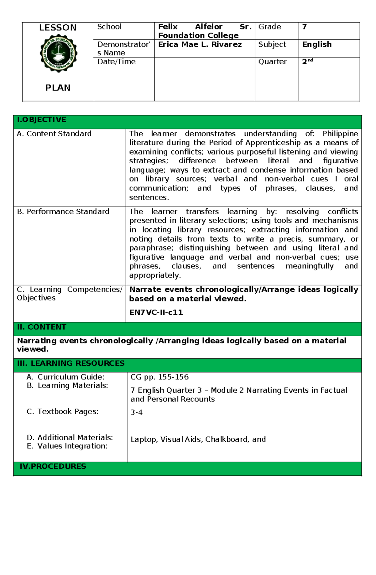 Lesson Plan for English 7: Narrating Events Chronologically - Studocu