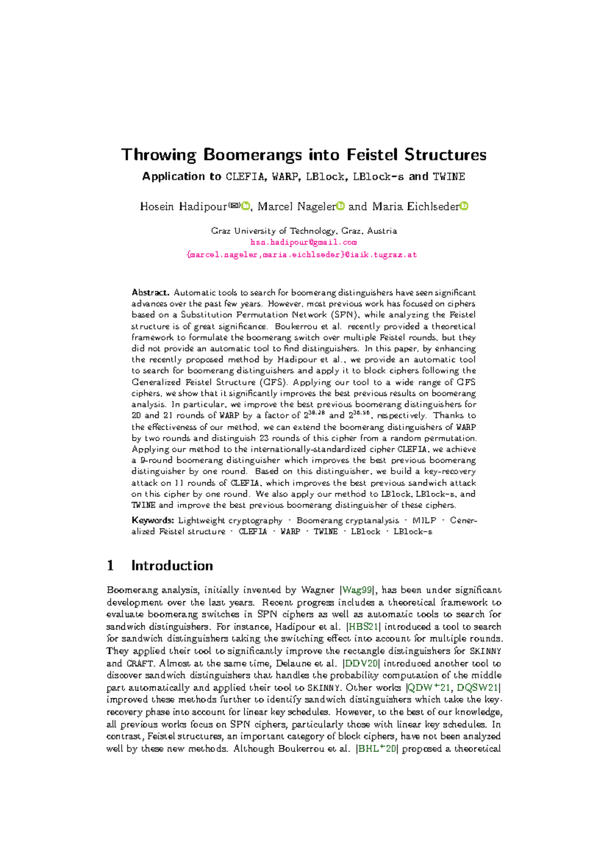 Throwing Boomerangs into Feistel Structures: Applications to CLEFIA ...
