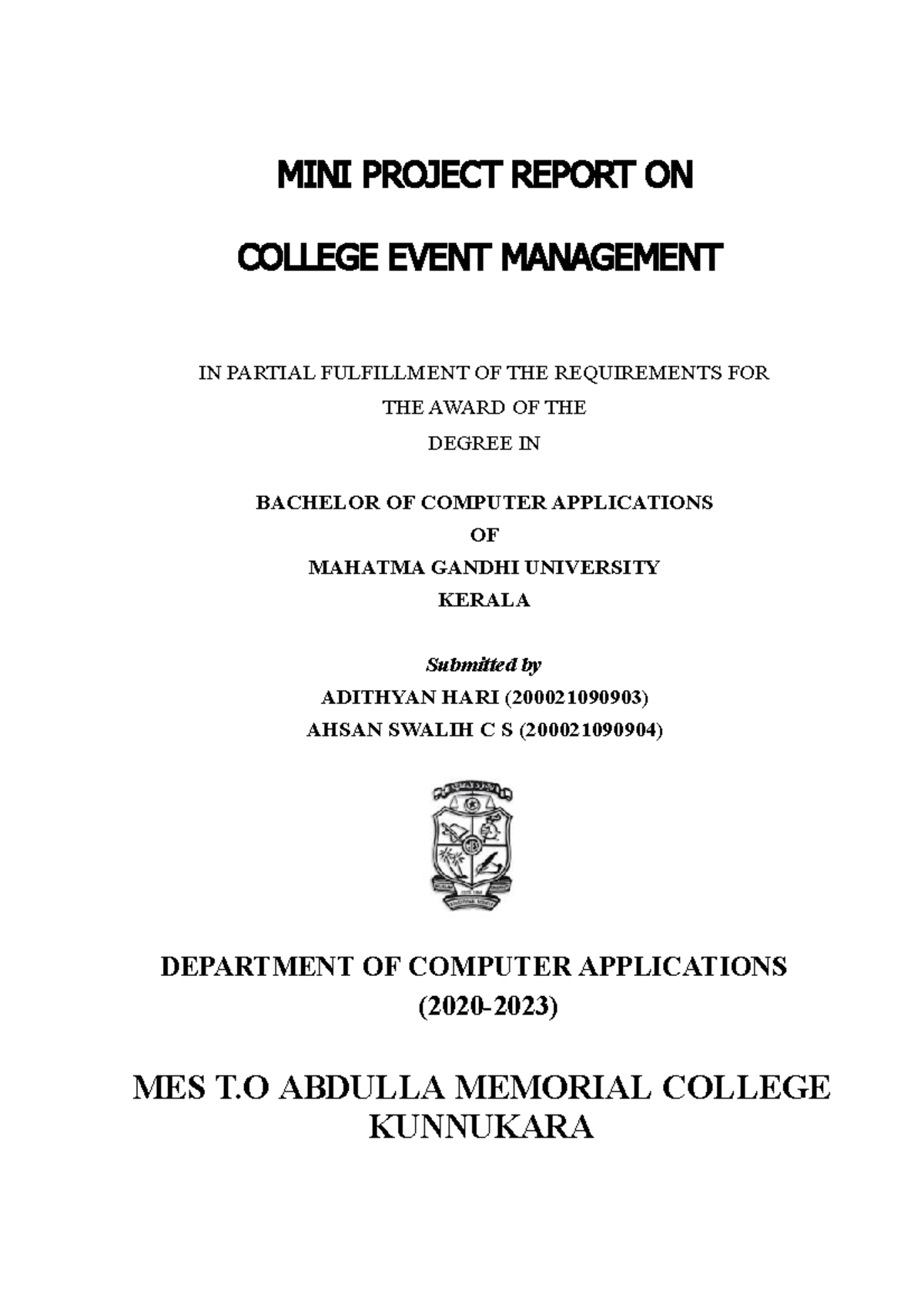 College Event Management Project Report - MINI PROJECT REPORT ON ...
