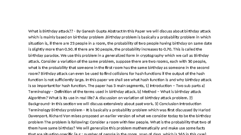 CS101: Understanding the Birthday Attack in Cryptography - Studocu
