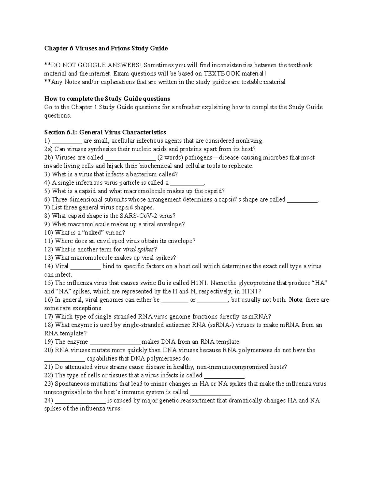 Chapter 6 Viruses and Prions Study Guide Spring 2023 - Chapter 6 ...