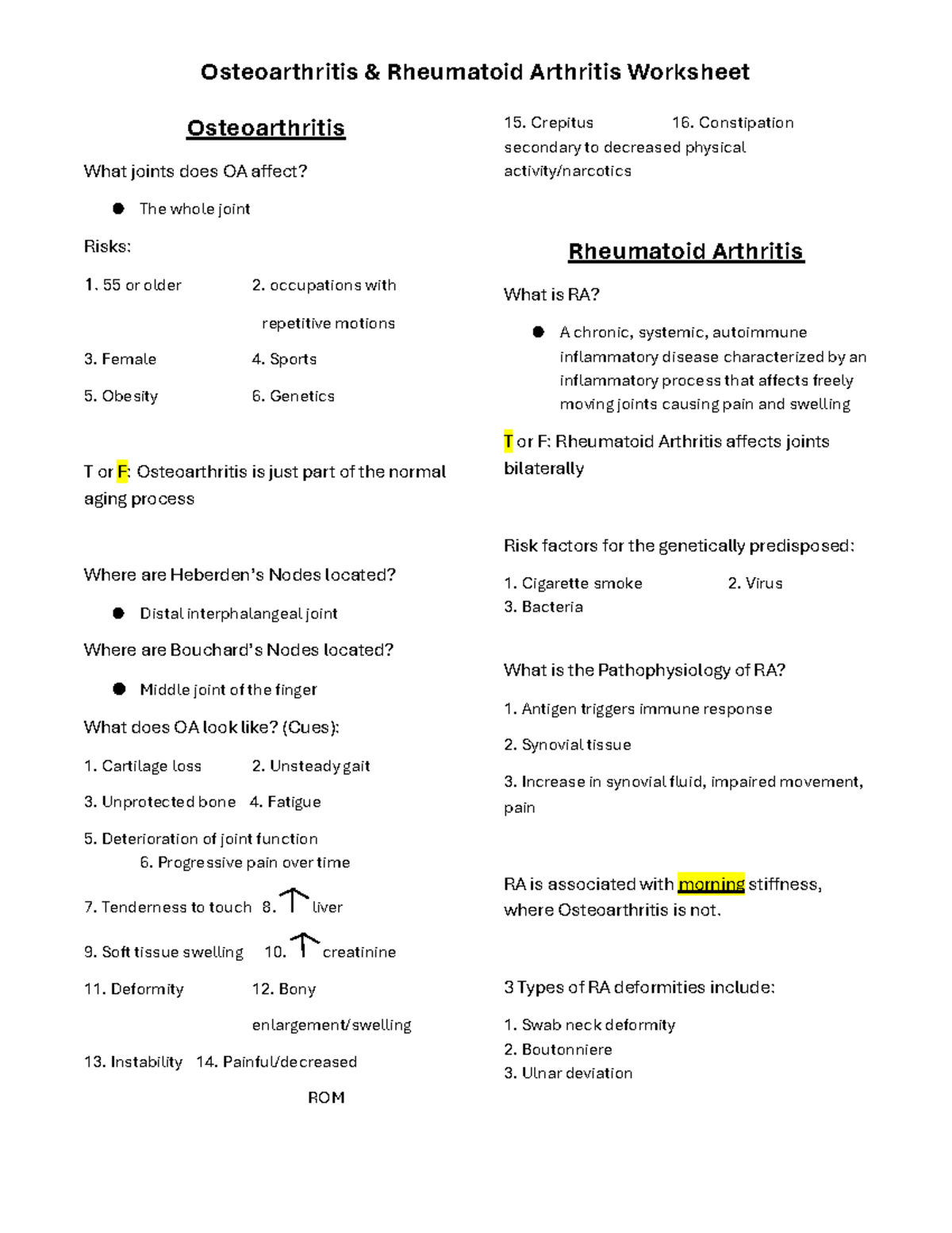 Answers Osteoarthritis Rheumatoid Arthritis Worksheet - Osteoarthritis ...