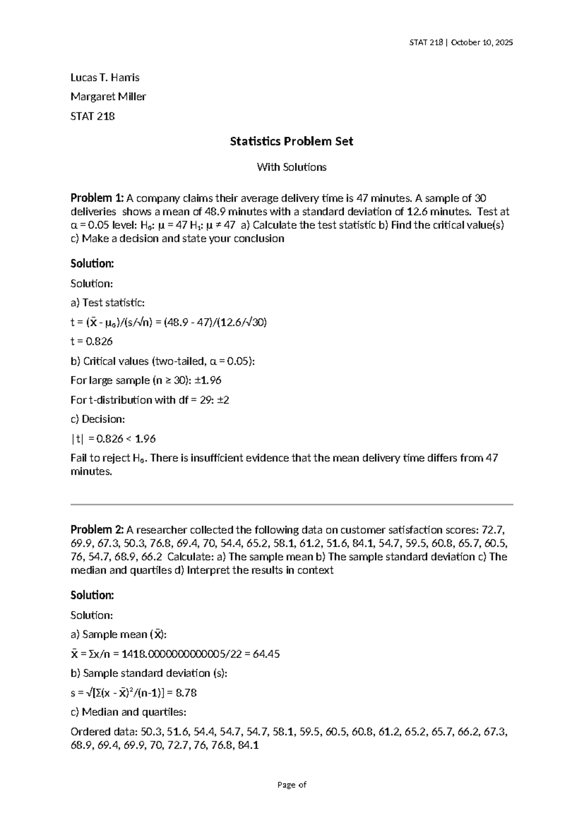 STAT 218 Statistics Problem Set Solutions - October 10, 2025 - Studocu