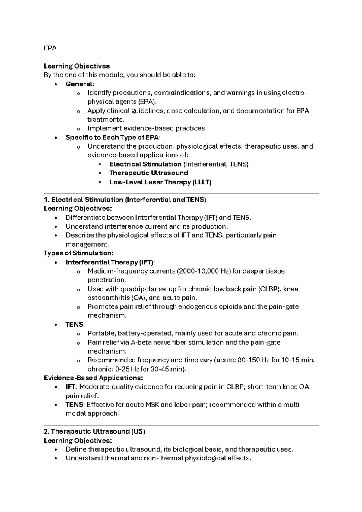 EPA Learning Objectives: Clinical Guidelines for Electrophysical Agents ...