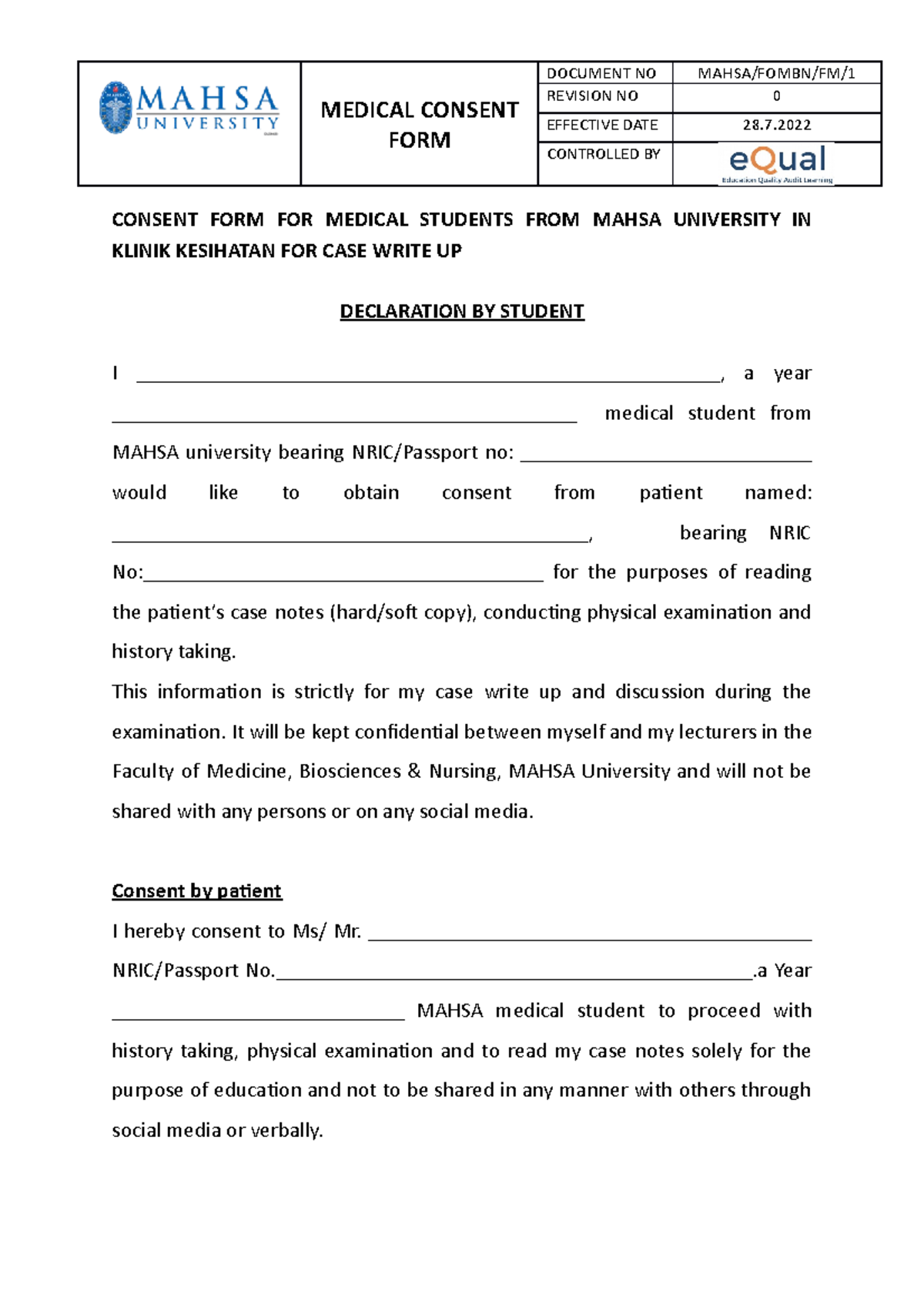 Consent Form for Case Write-Up - MU FOMBN FM - Medical Students - Studocu