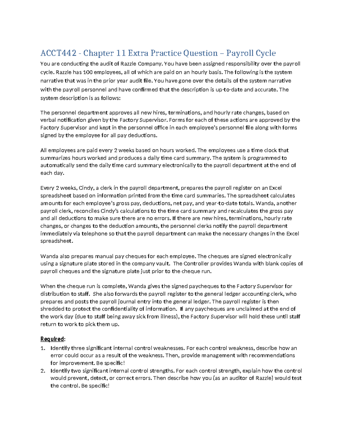 ACCT442 - Ch 11 Payroll Cycle Analysis for Razzle Company - Studocu