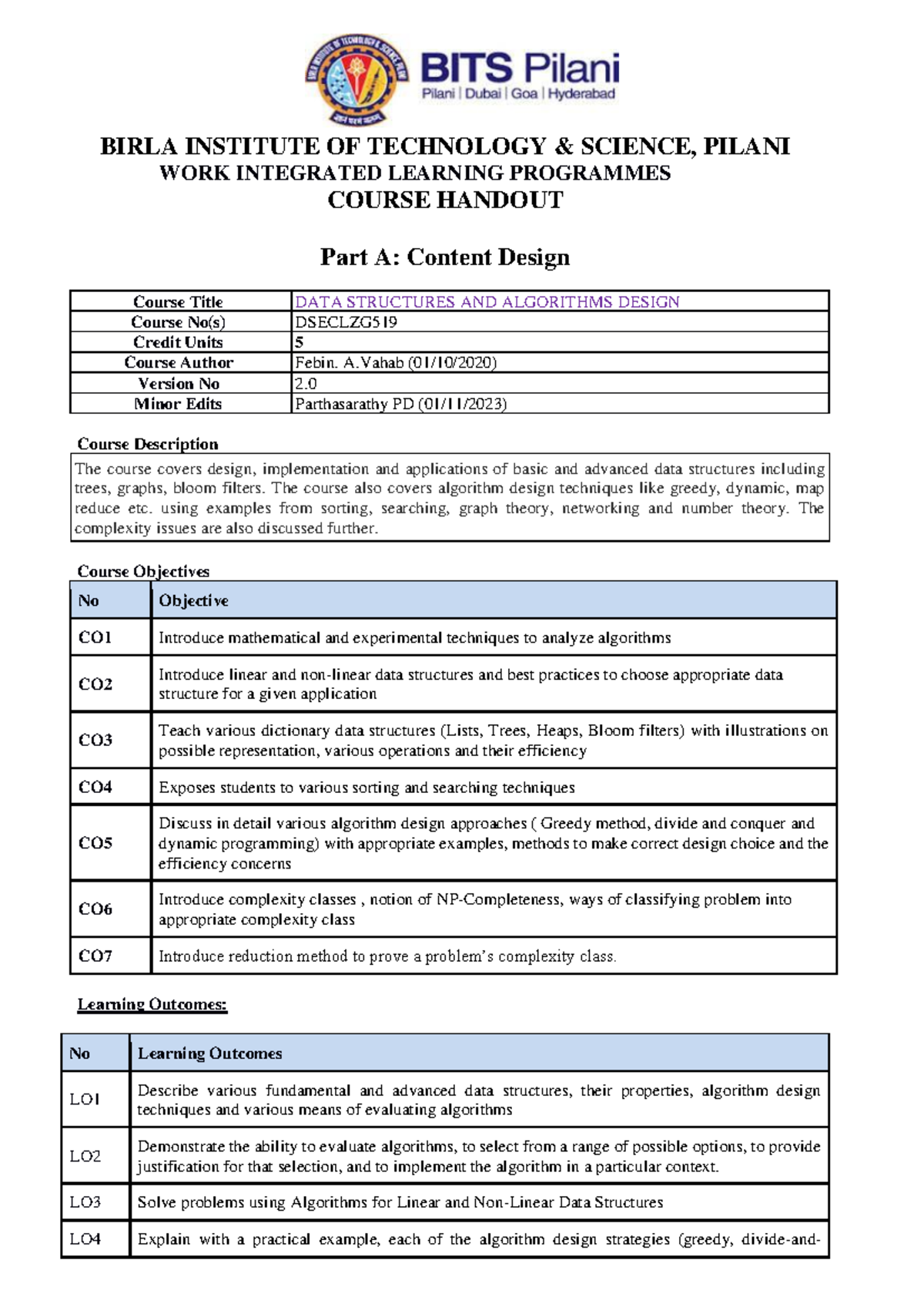 DSAD DSECLZG - Course Handout on Data Structures & Algorithms Design ...