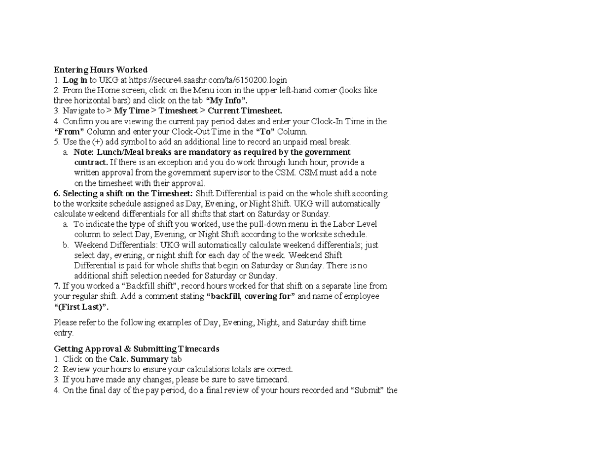 UKG Time Entry Instructions: Logging Hours Worked Guide - Studocu