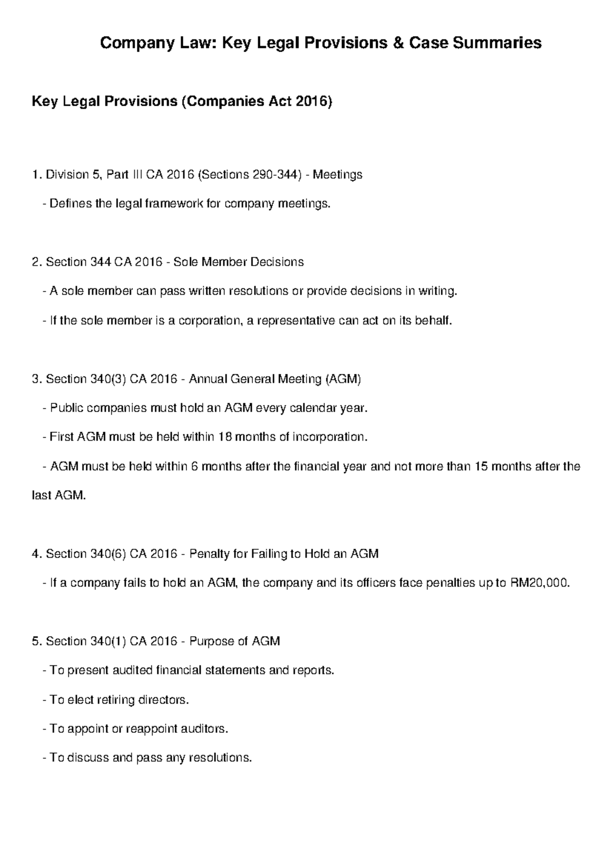 Company law CA 2016: Key legal provisions and case summaries - Studocu