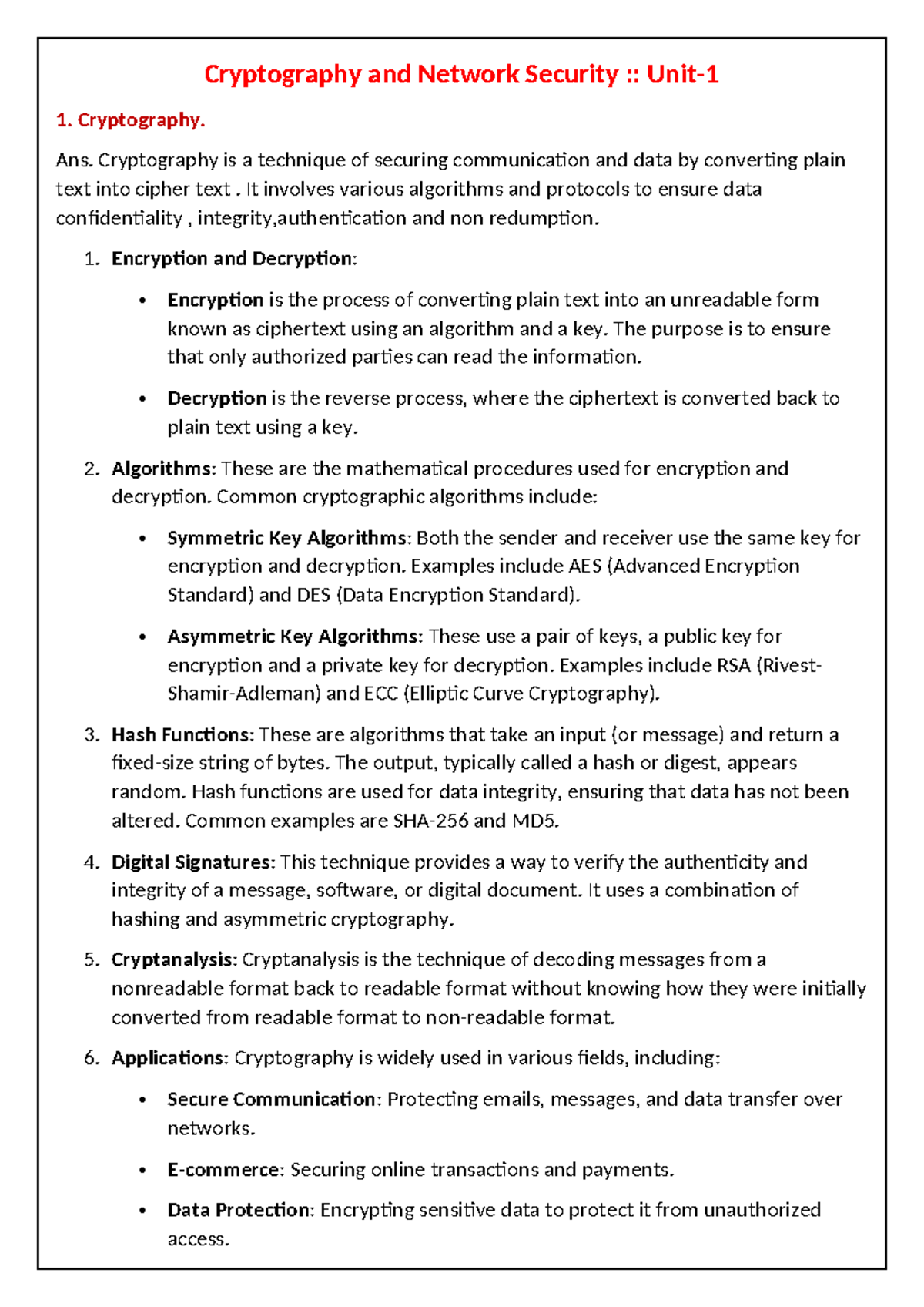 Crypto Unit-1: Overview of Cryptography & Network Security Concepts - Studocu