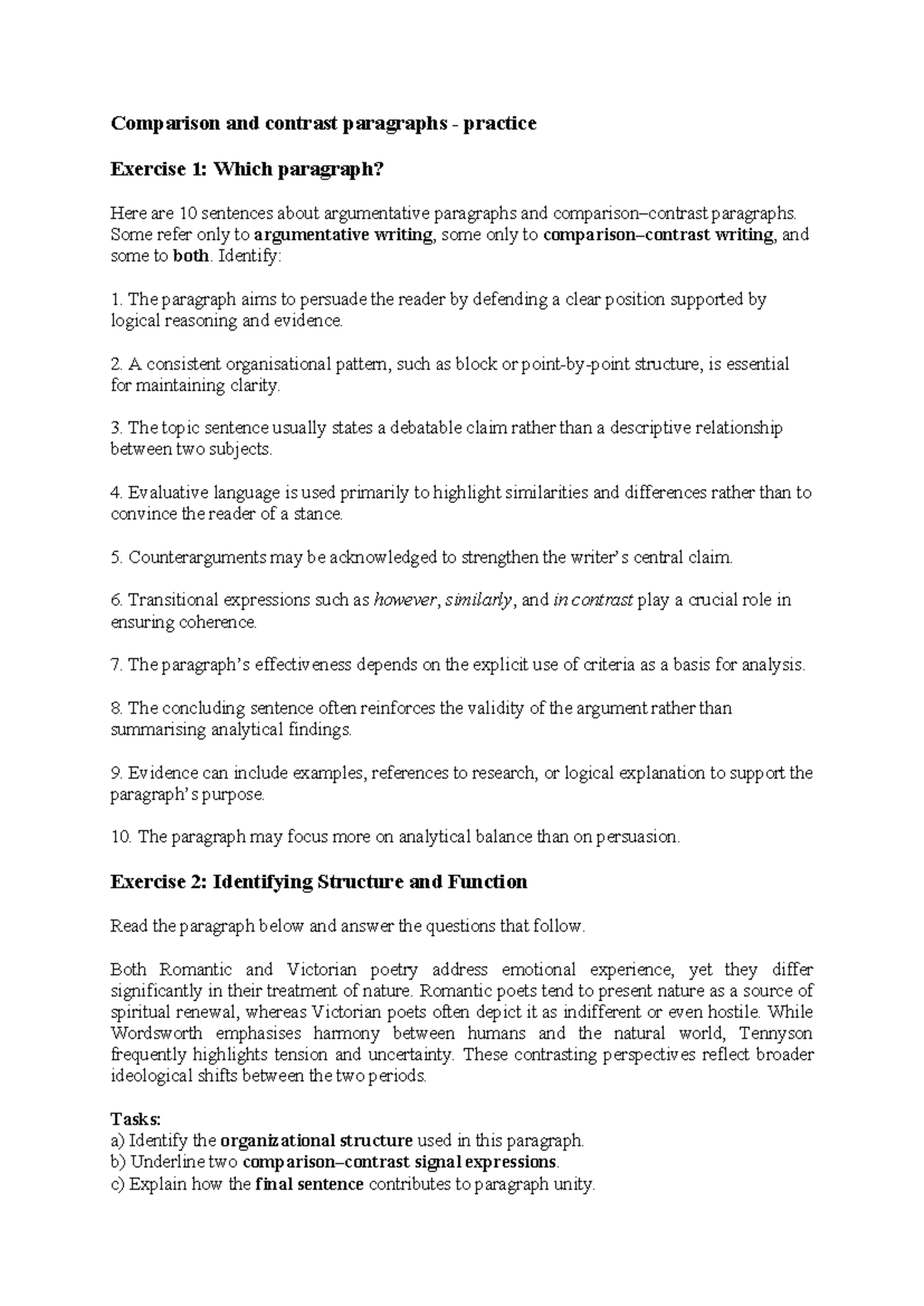 Comparison and Contrast Paragraphs Practice: Exercise 1 & 2 - Studocu