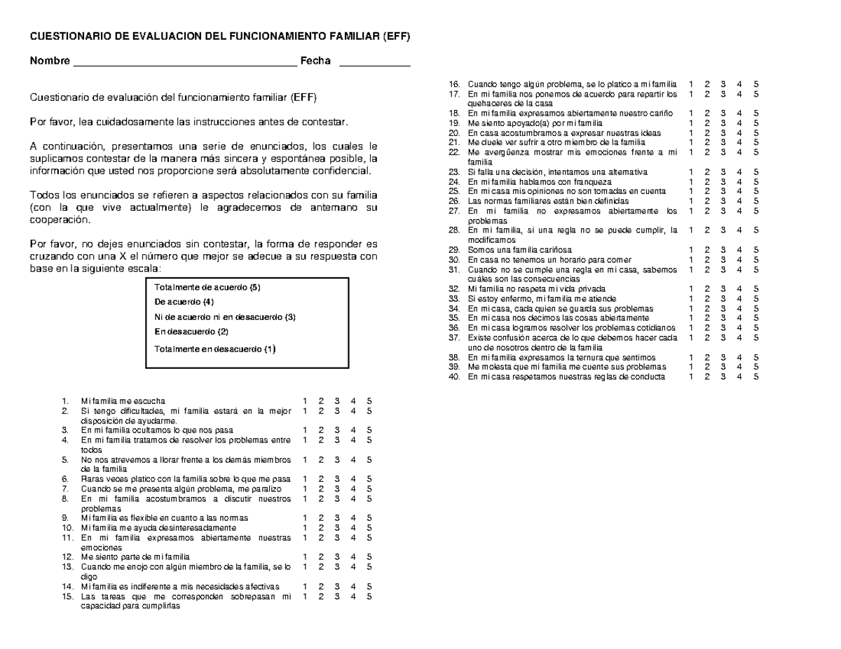 Cuestionario EFF: Evaluación del Funcionamiento Familiar - Studocu